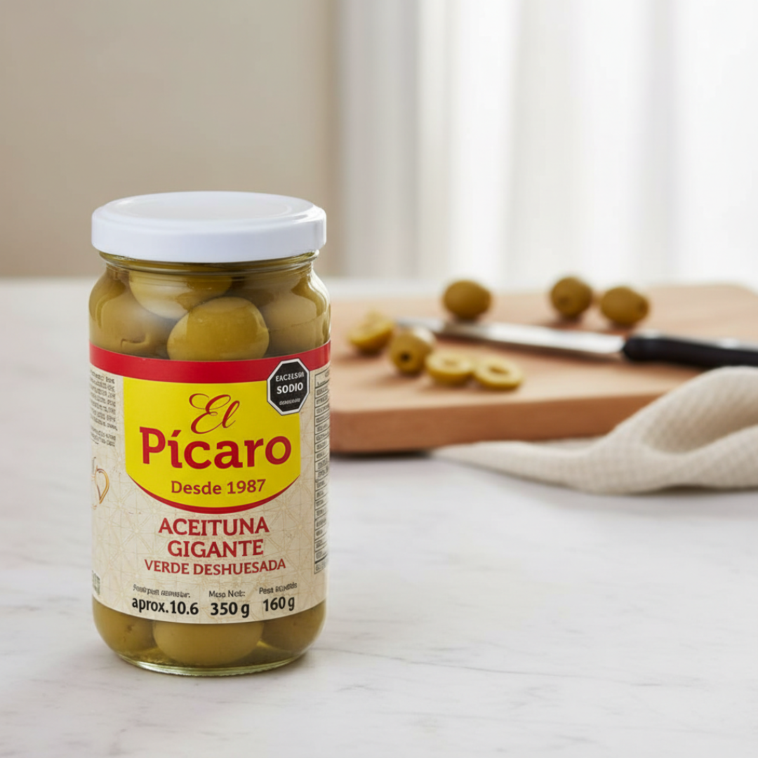 ACEITUNAS GIGANTE VERDE DESHUESADAS DE 350 GR EL PICARO - casahispacol.com